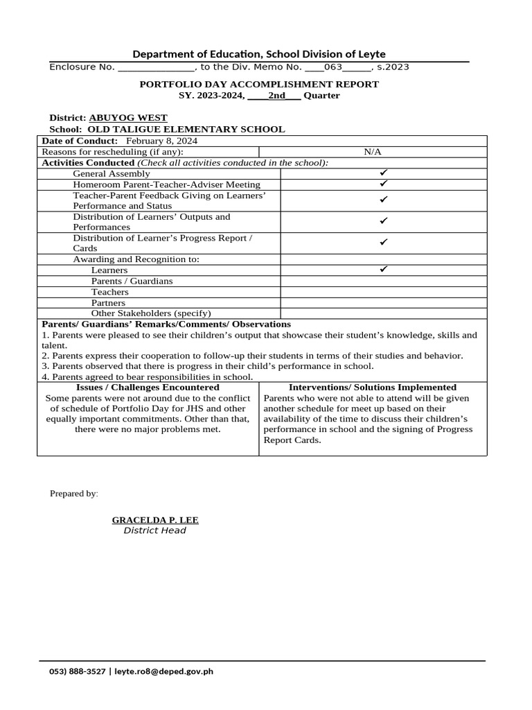 2nd Quarter OLD TALIGUE ES Portfolio Monitoring Report | PDF | Behavioural Sciences | Cognition