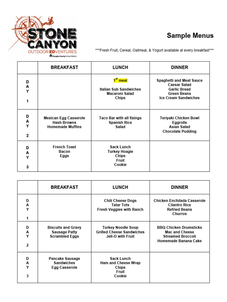 Stone Canyon Lunch Menu Overview | PDF