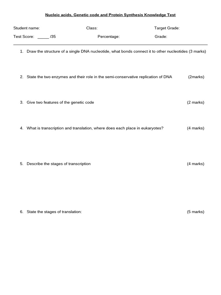 Nucleic Acids, Genetic Code and Protein Synthesis Knowledge Test Q Only ...