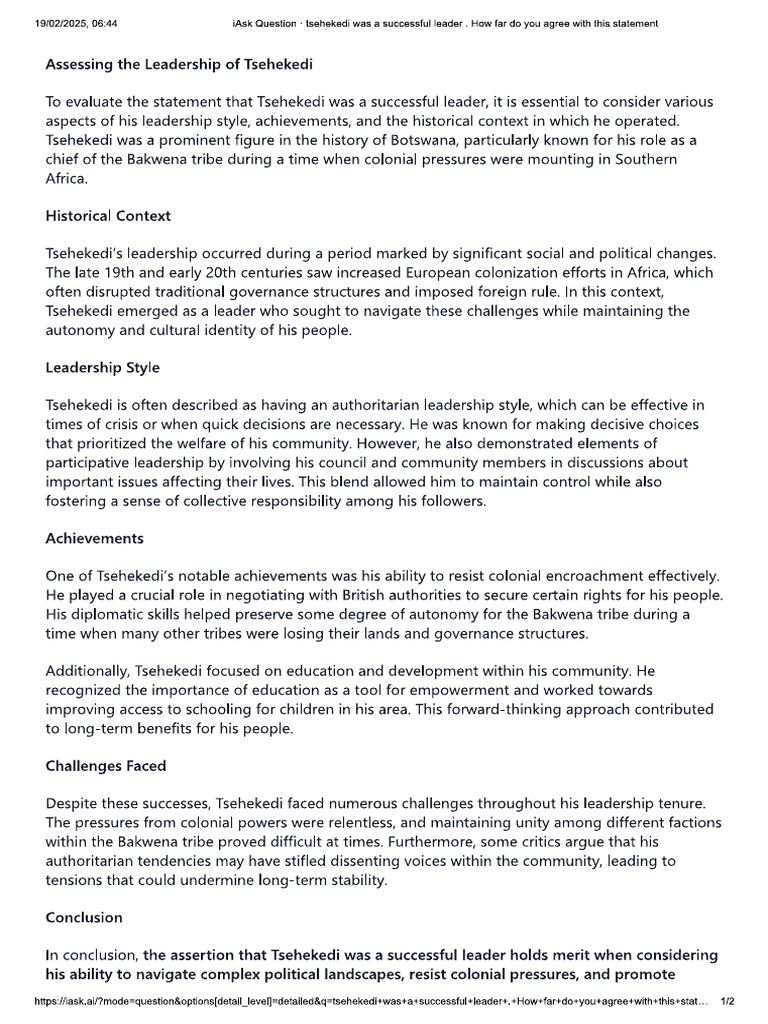 Tshekedi's Leadership | PDF