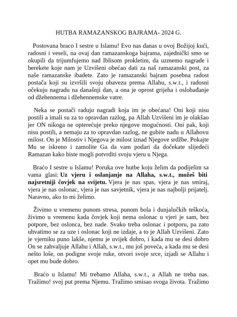 HUTBA RAMAZANSKOG BAJRAMA | PDF