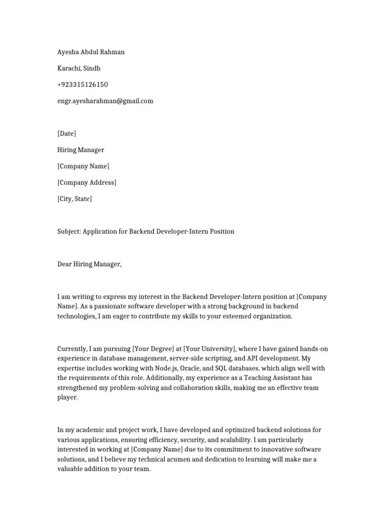 Backend Developer Intern Cover Letter | PDF