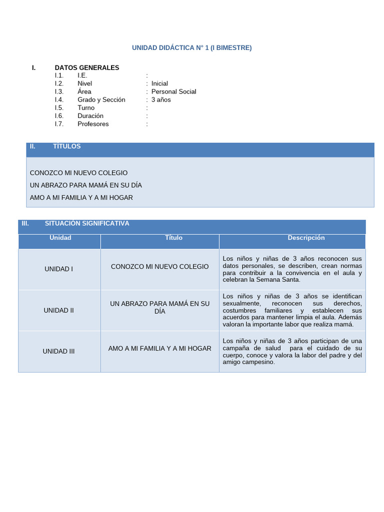 Unidad Didáctica 1 - 3 Años - Personal Social - I Bimestre | PDF | Salón de clases | Derechos ...