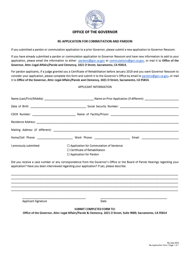 CA Pardon and Commutation Re-Application Form | PDF | Pardon | Parole