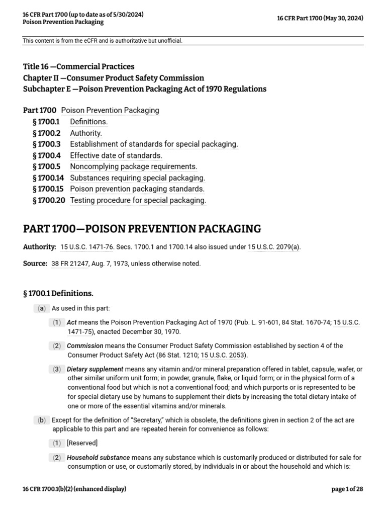 Poison Prevention Packaging 16 CFR Part 1700 (up to date as of 5-30 ...