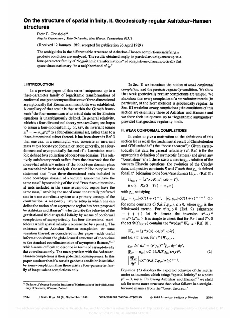 On the Structure of Spatial Infinity. II. Geodesically Regular Ashtekar–Hansen Structures | PDF ...
