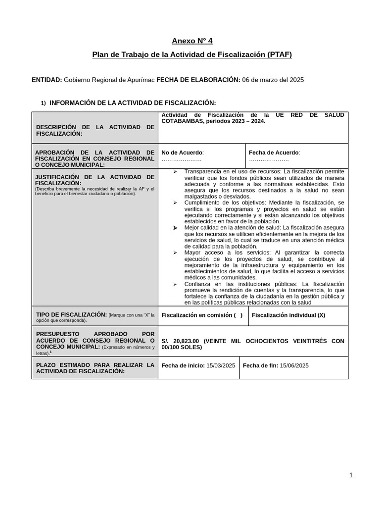 Ptaf CR Jaime Oa Anexo N°04 Plan de Trabajo de La Actividad de ...
