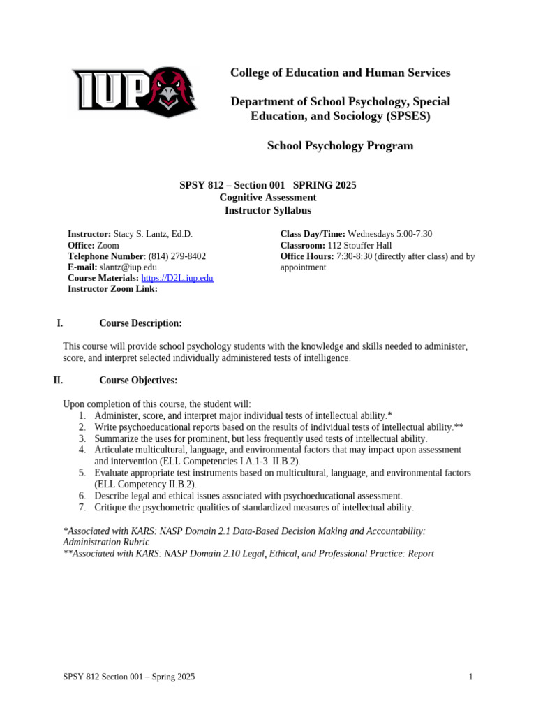 SPSY 812 Section 001 Spring 2025 Syllabus - Lantz | PDF | School Psychology