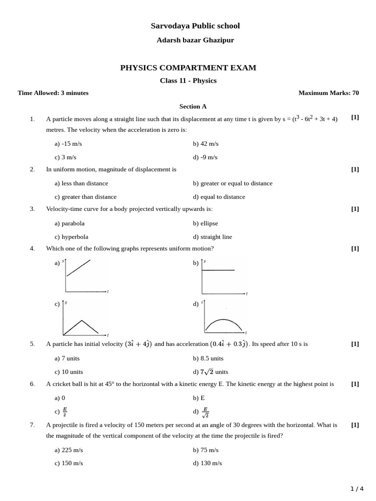 Physics Compart Paper Class 11 | PDF | Velocity | Acceleration