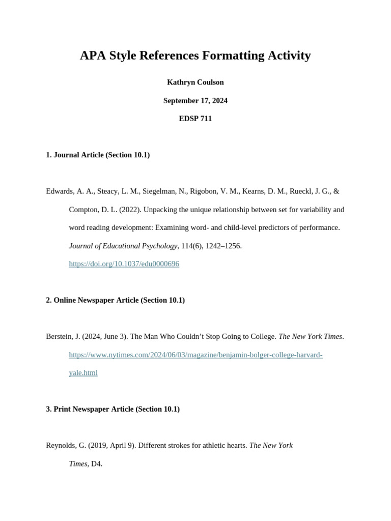 APA Style References Formatting Activity - COULSON | PDF | Apa Style ...