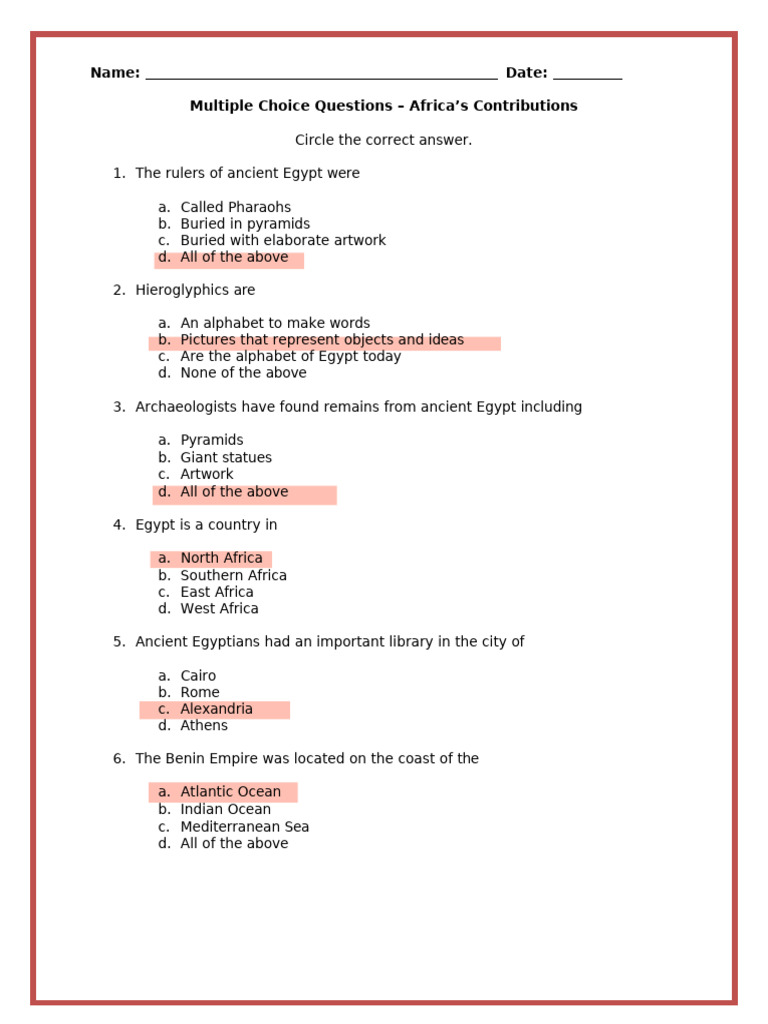 8th Africa's Contributions Multiple Choice Quesstions | PDF
