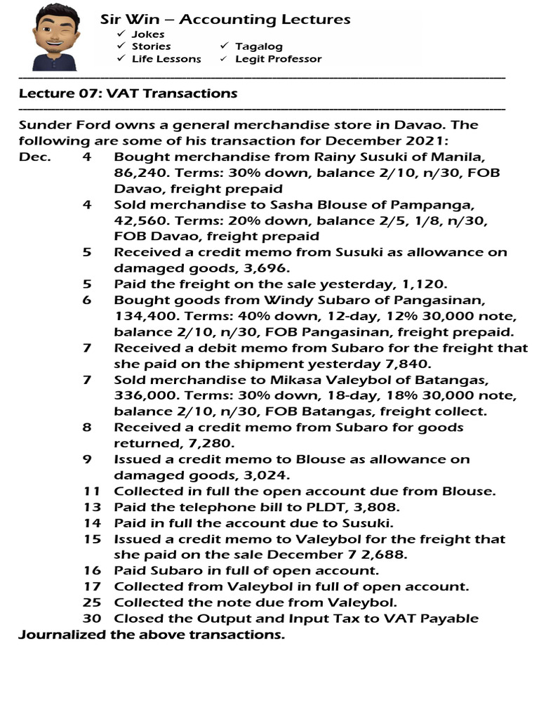 Lecture 07 VAT Transactions | PDF | Value Added Tax | Debits And Credits