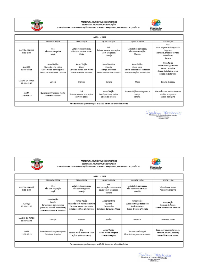 Cardapio Ceis Abril 2025 | PDF | Tomate | Bolos