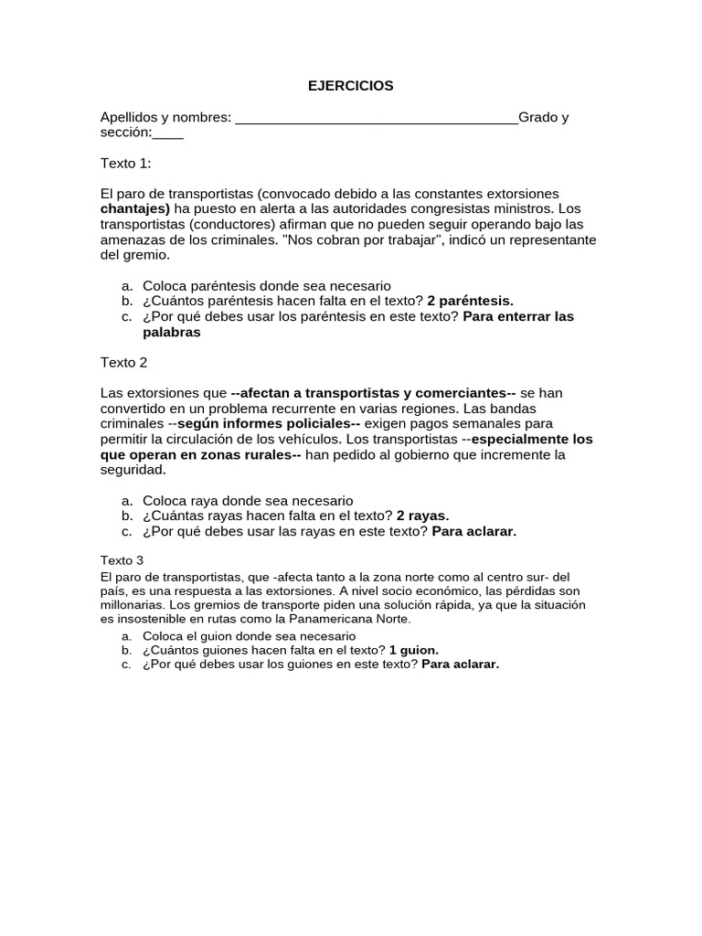Practica Sobre El Uso de La Raya, El Guion y Los Parentesis | PDF