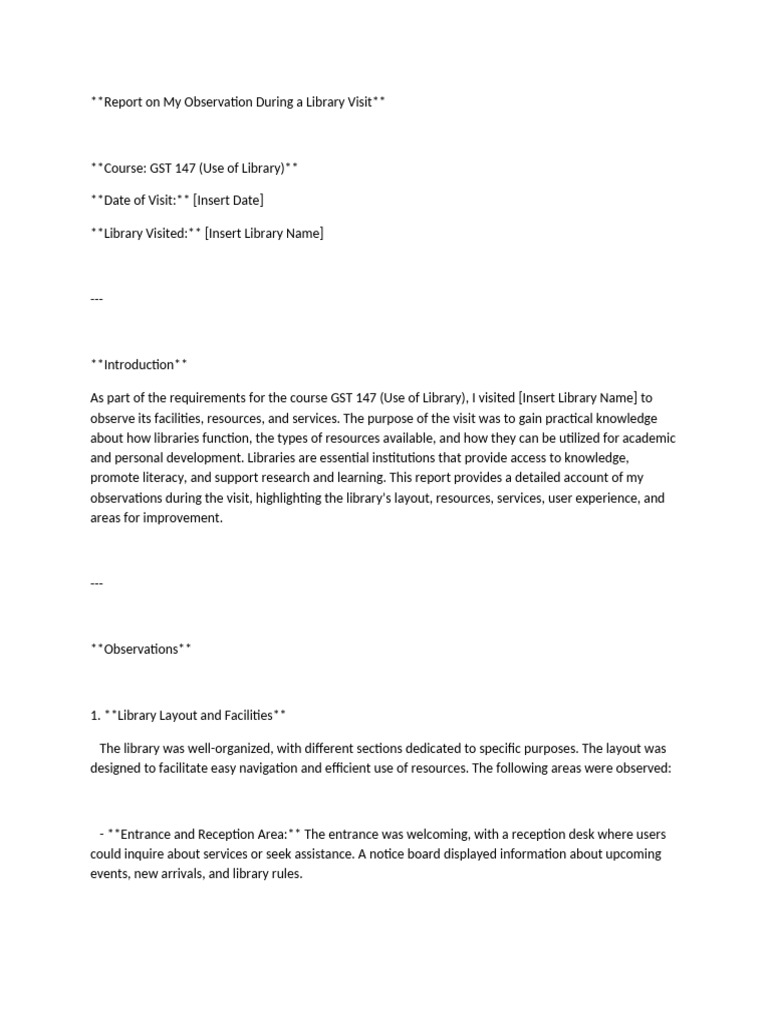 Library Visit Observation Report | PDF | Libraries | Books