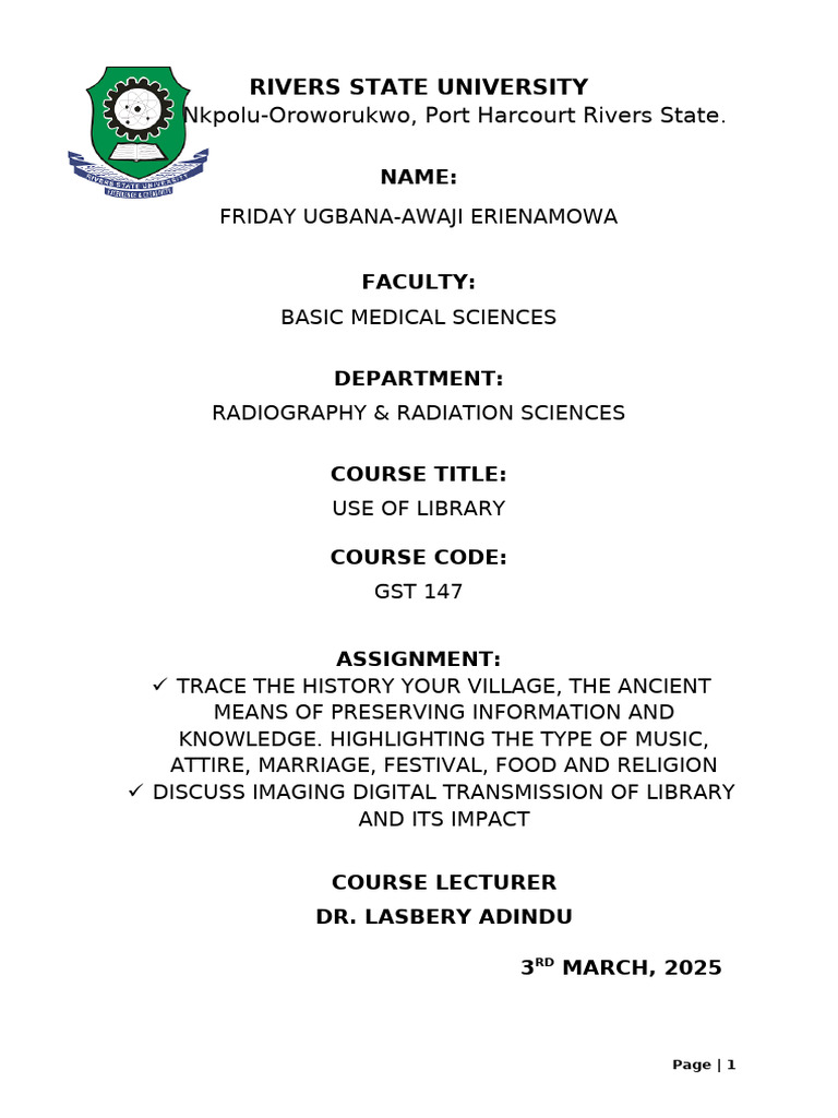 GST 147 Assignment Friday Ugbana-Awaji Erienamowa | PDF | Libraries | Oral Tradition