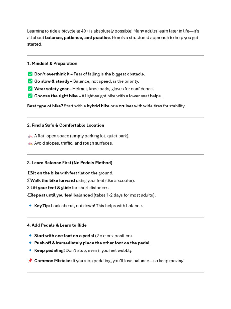 How to Learn Bicycle at age 40 and above | PDF