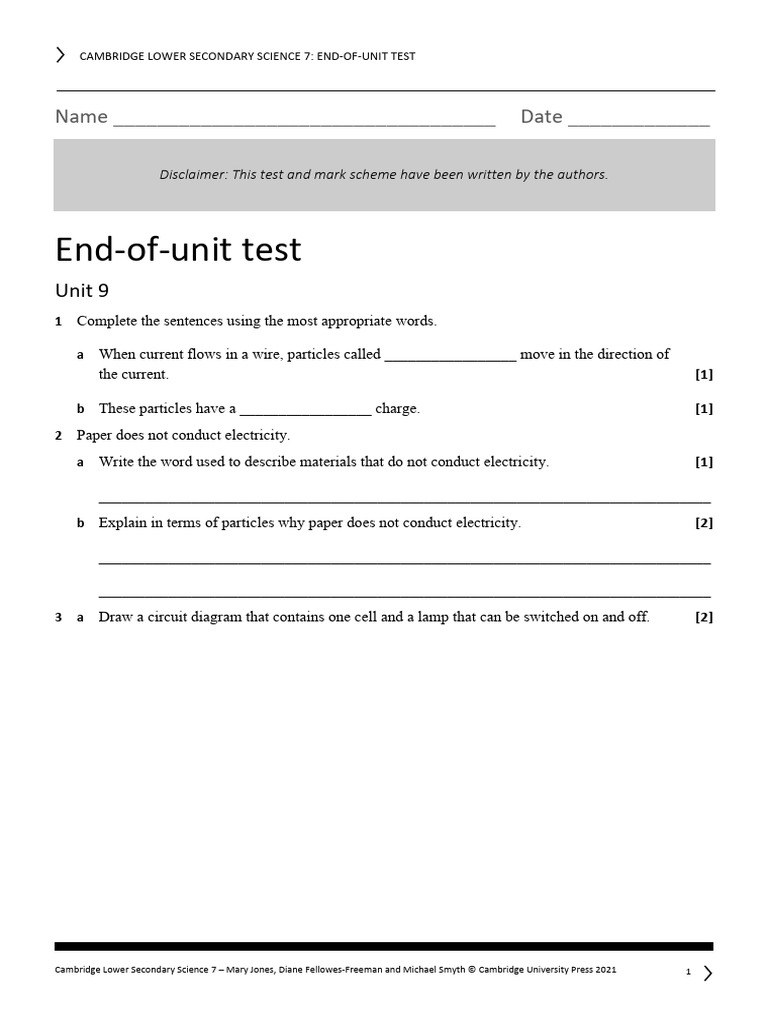 Cambridge Science 7 Unit Test Guide | PDF | Electricity | Electrical ...