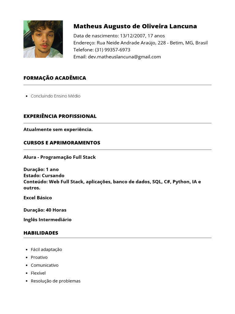 Currículo de Matheus Lancuna - Estudante de TI | PDF