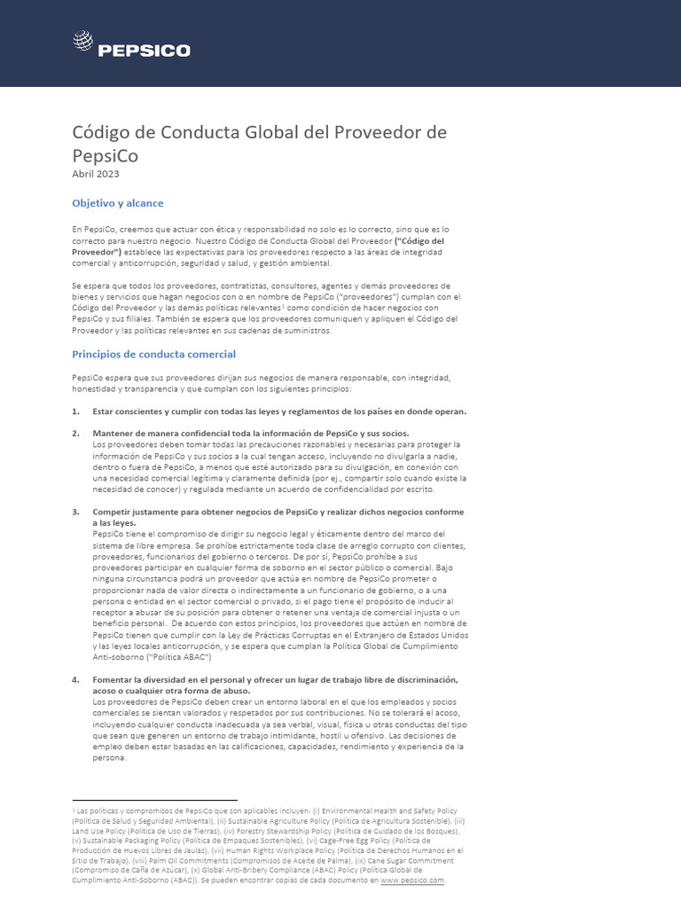 Código de Conducta para Proveedores PepsiCo | PDF | Reciclaje | Residuos