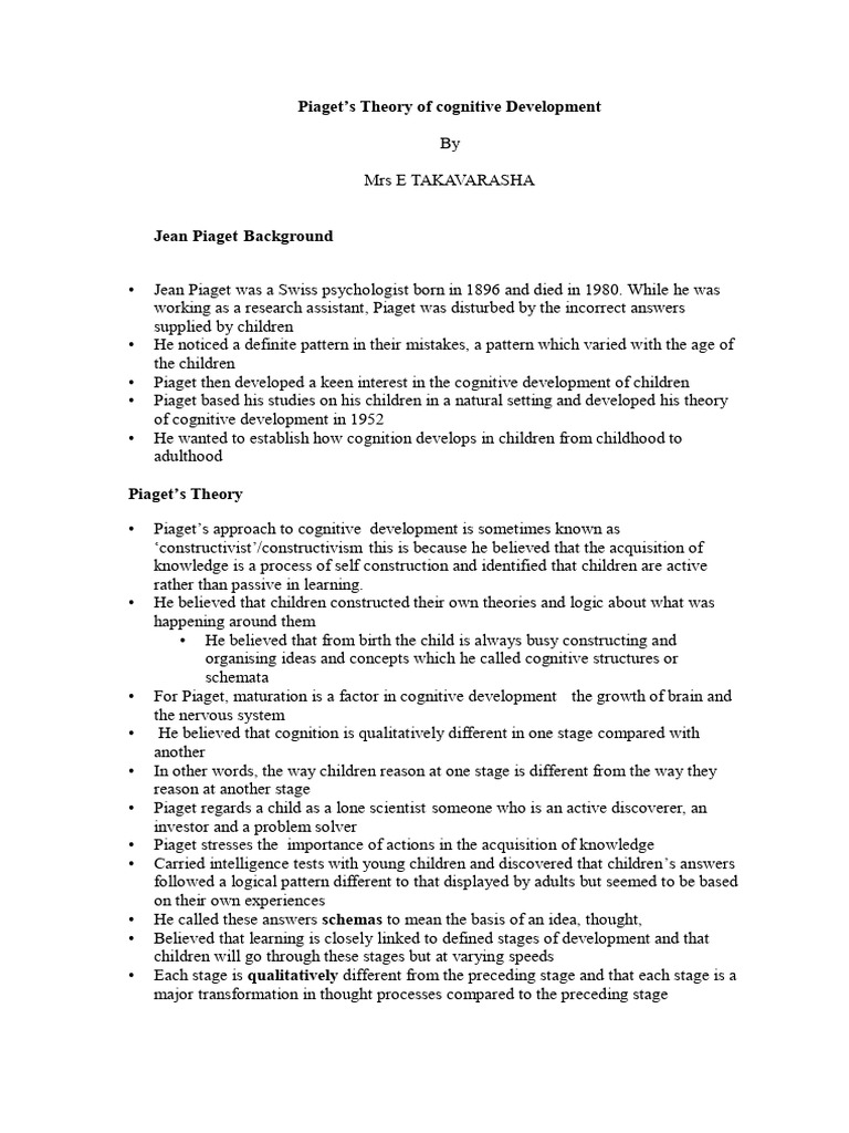 Piagets Theory of Cognitive Development | PDF | Cognitive Development ...