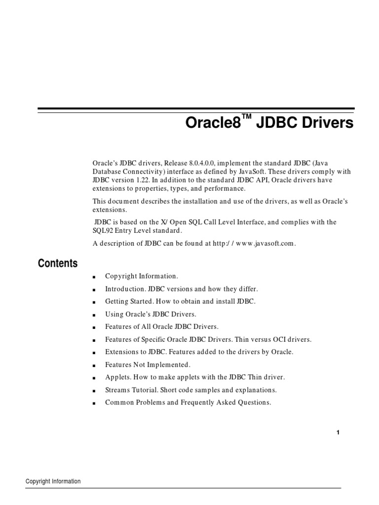 Oracle8 JDBC Drivers | PDF | Oracle Database | Java (Programming Language) Oracle8 JDBC Drivers | PDF | Oracle Database | Java (Programming Language)