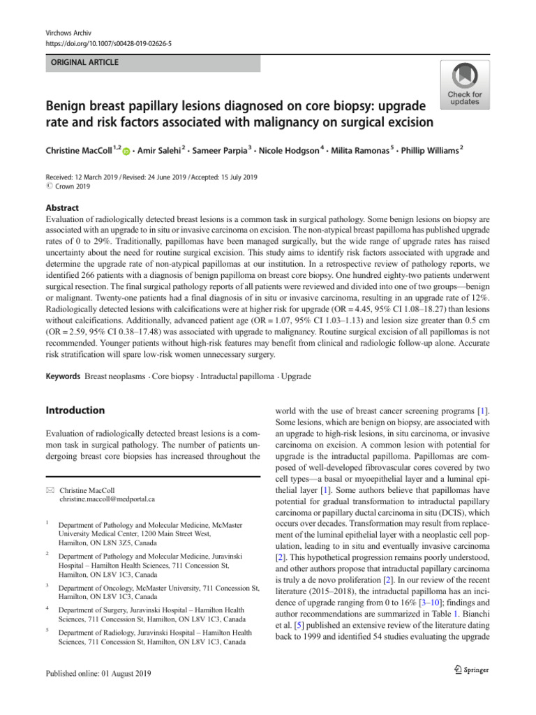Benign Breast Papillary Lesions Diagnosed On Core Biopsy, Upgrade Rate ...