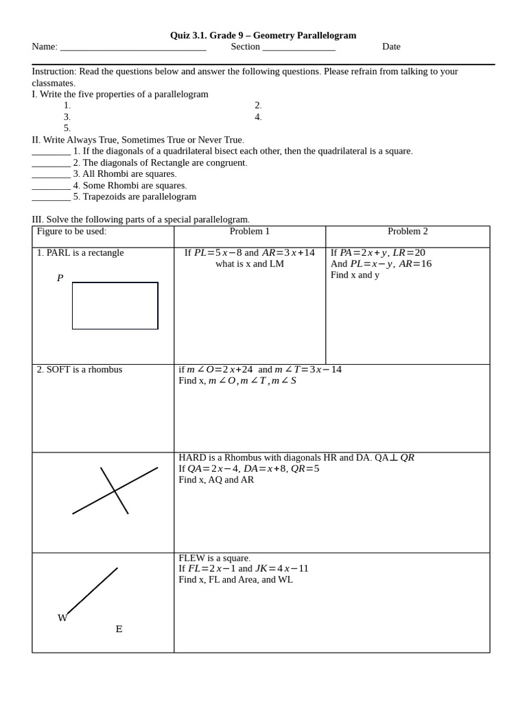 Grade 9 Geometry: Parallelogram Quiz | PDF