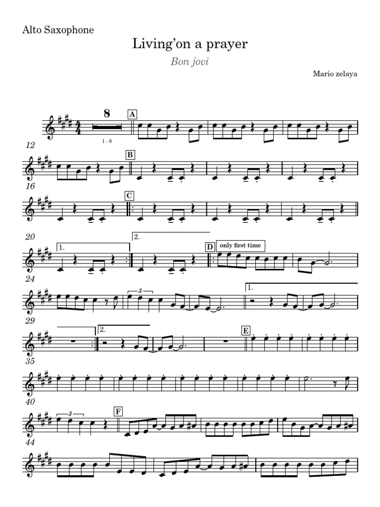 Alto Sax Sheet Music: Livin' on a Prayer | PDF | Saxophone | Woodwind ...