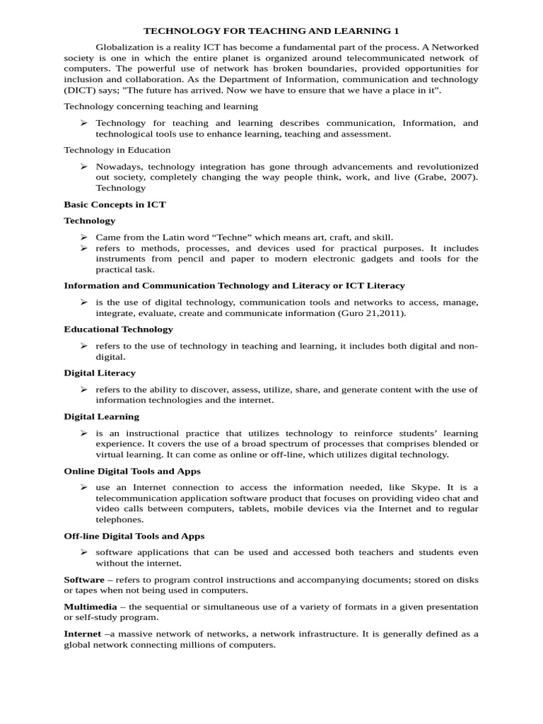 Technology For Teaching and Learning 1 Summary | PDF | Educational Technology | Internet