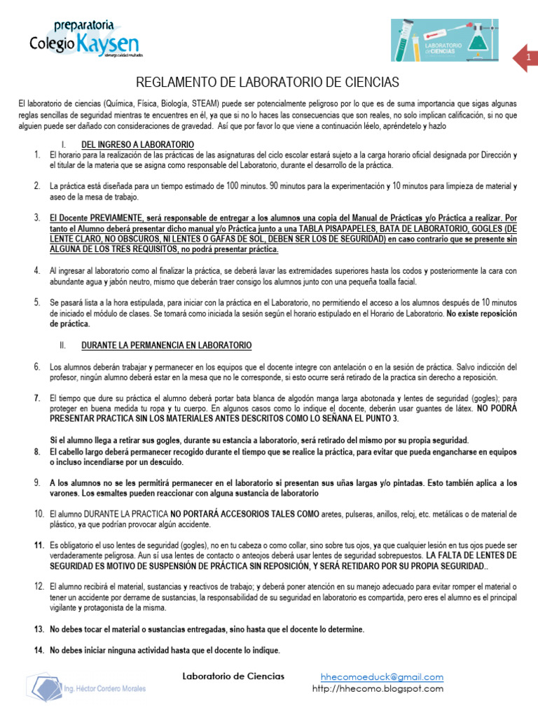 REGLAMENTO DE LABORATORIOS DE CIENCIAS 2024 SMALL | PDF | Laboratorios