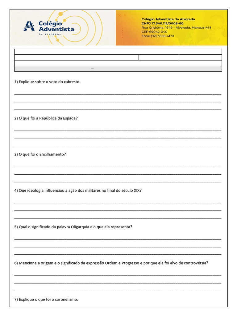 Revisão História AV1 - 9º Ano | PDF | Brasil | Governo