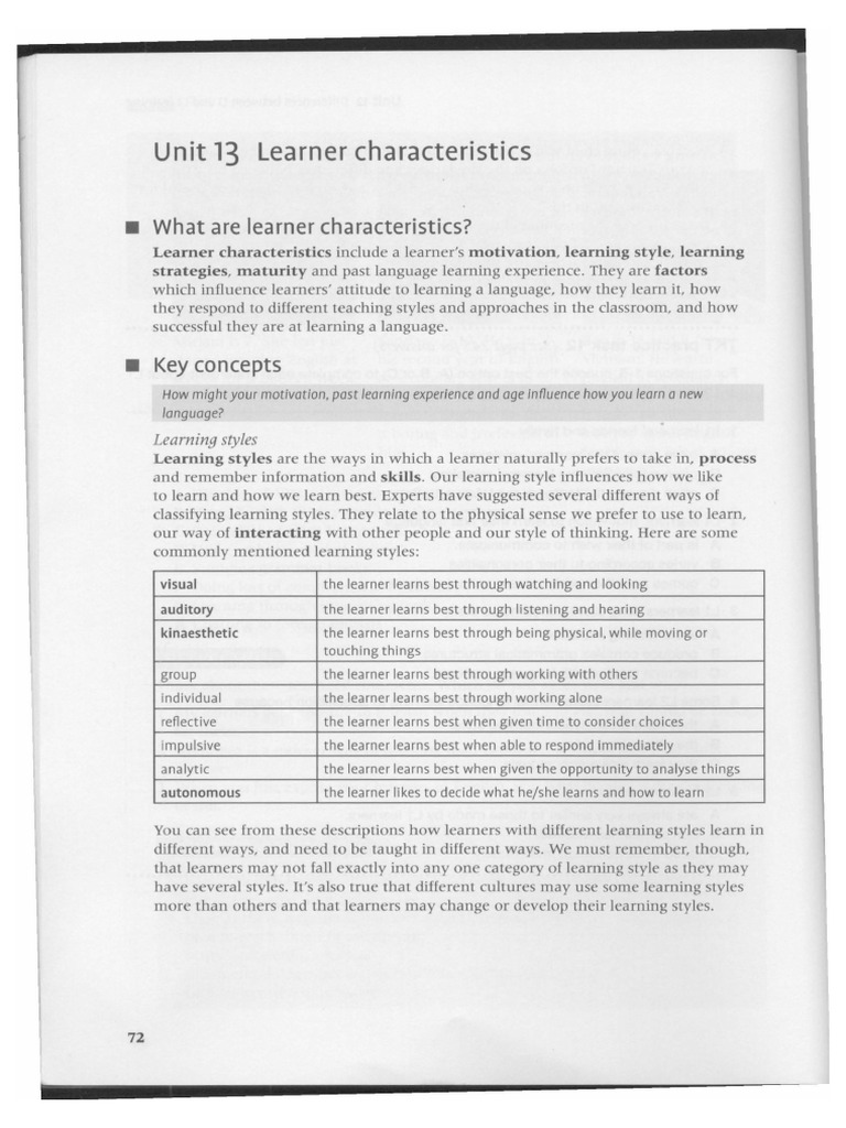 Unit 13- Learner Characteristics | PDF | Learning Styles | Learning