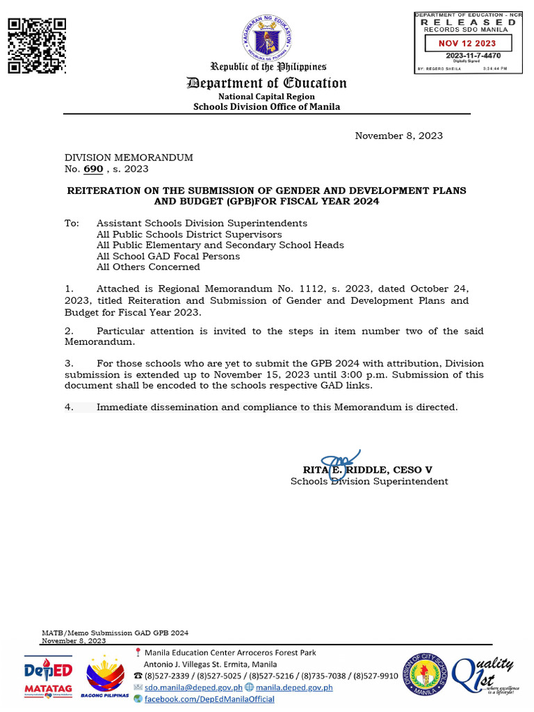 Dm 690 s. 2023 Reiteration on the Submission of Gender and Development Plans and Budget (Gpb ...