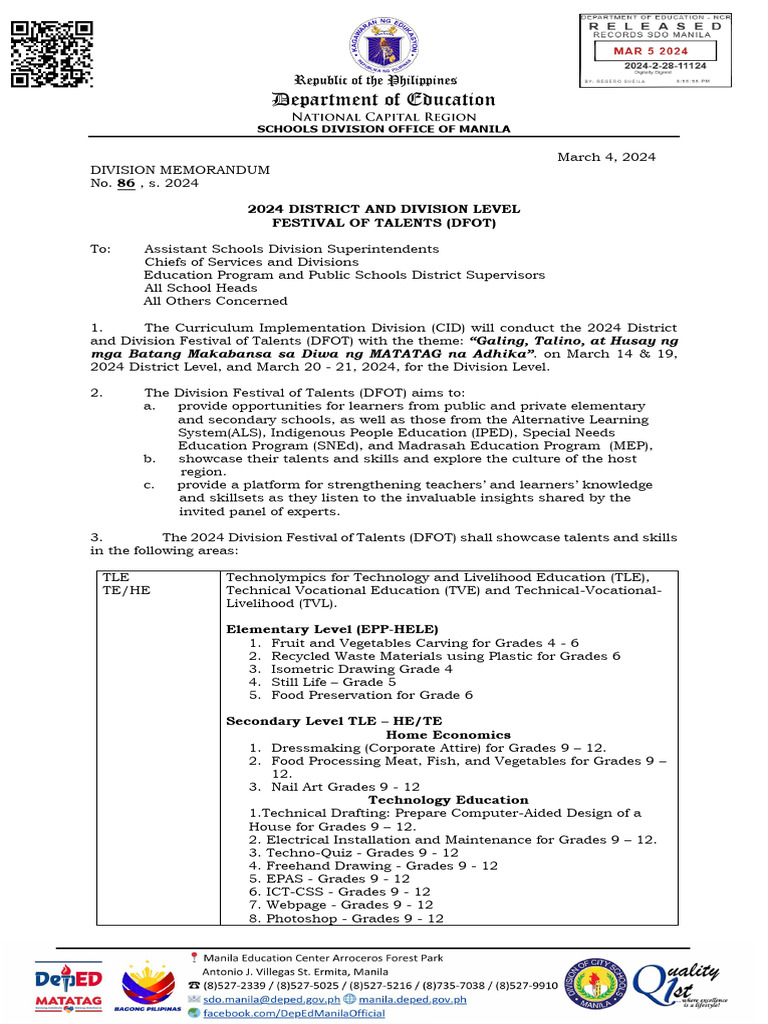 DM 086 S. 2024 2024 District and Division Level Festival of Talents Dfot | PDF