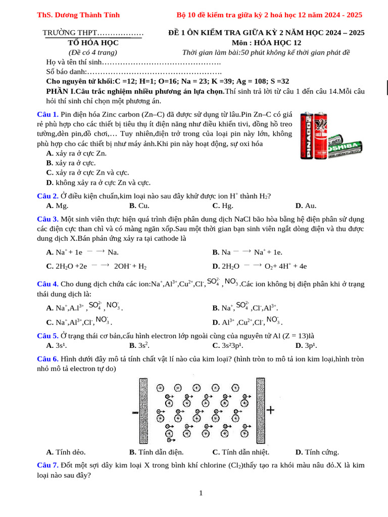 De Kiem Tra GK2 (10 De) Hoa 12 C5,6.DTT - Không Đáp Án | PDF