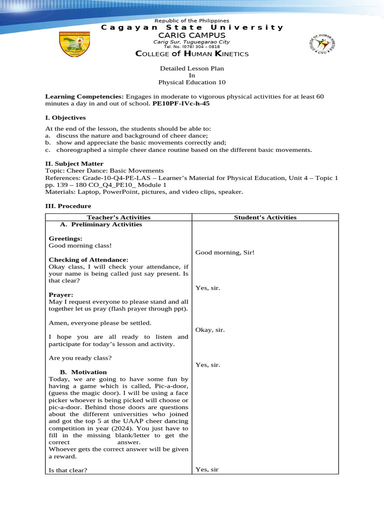 Cheer Dance Lesson Plan for PE10 | PDF