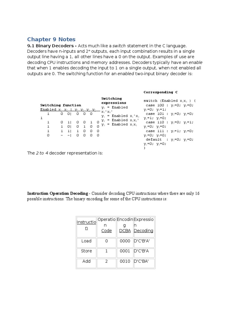 Chapter 9 Notes: 9.1 Binary Decoders - Acts Much Like A Switch ...