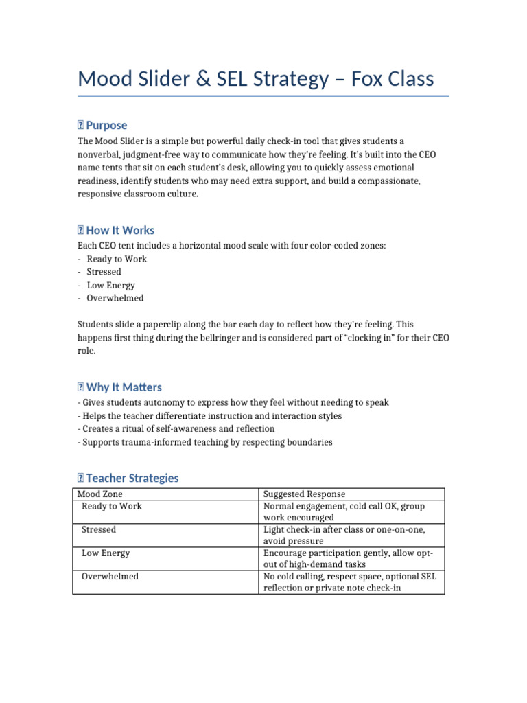 Fox Class Mood Slider and SEL Strategy | PDF