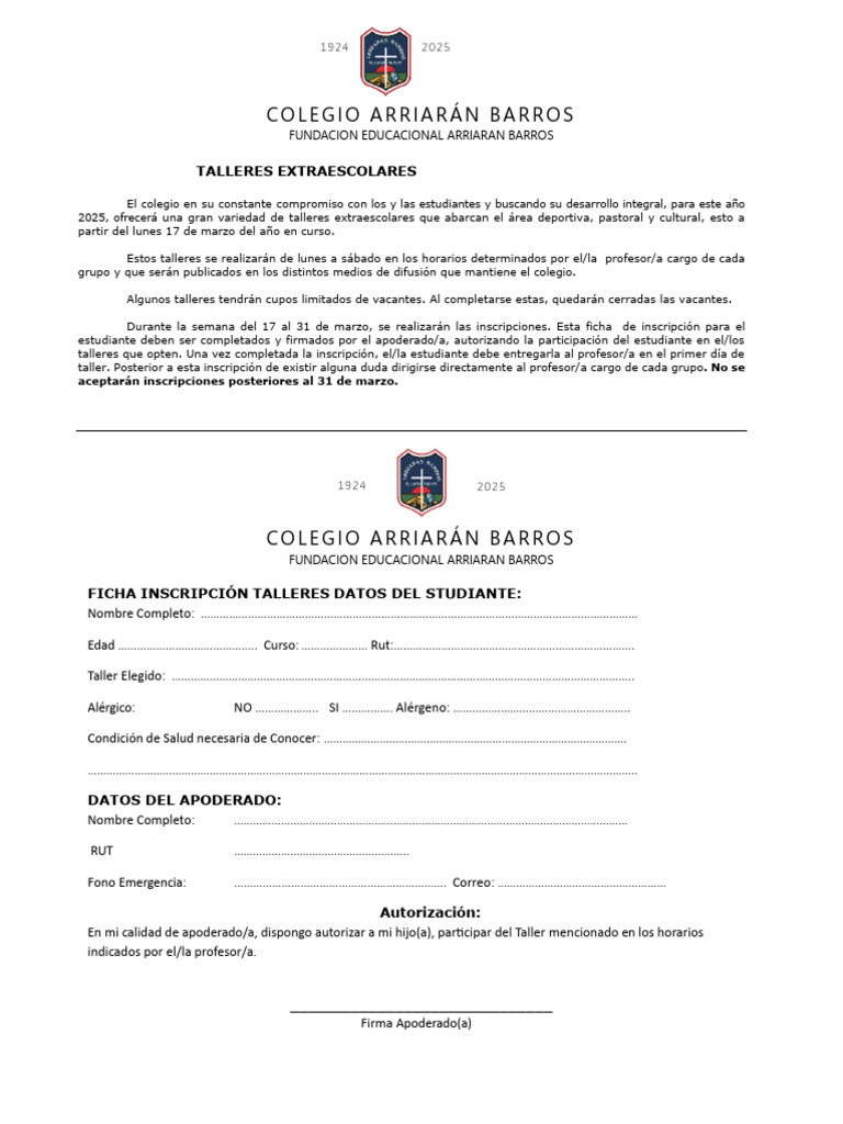 Ficha Inscripcion Taller Extraescolar CAB 2025 | PDF
