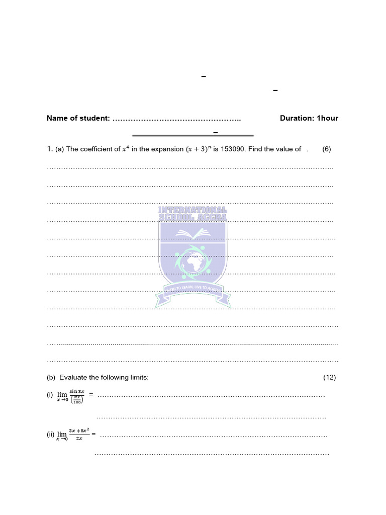 Ib Math Aa DP1 Sem 2 End of Month Exam 2025 | PDF | Mathematical ...