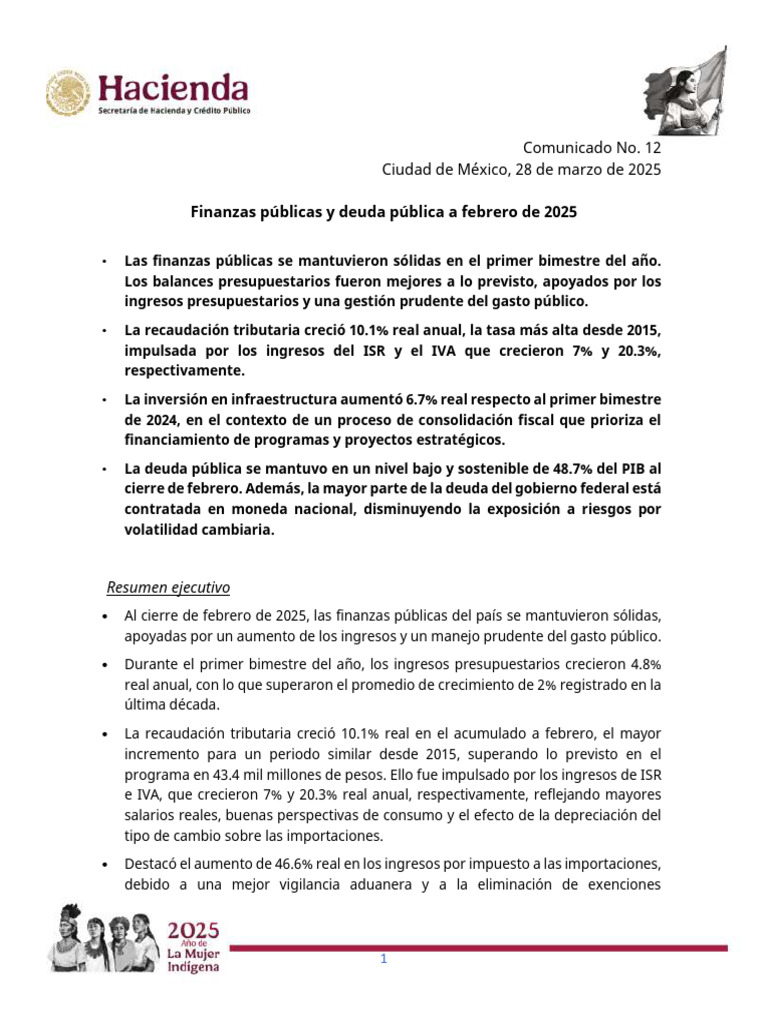 Comunicado No. 12 Finanzas P Blicas y Deuda P Blica A Febrero de 2025 | PDF | Balance ...