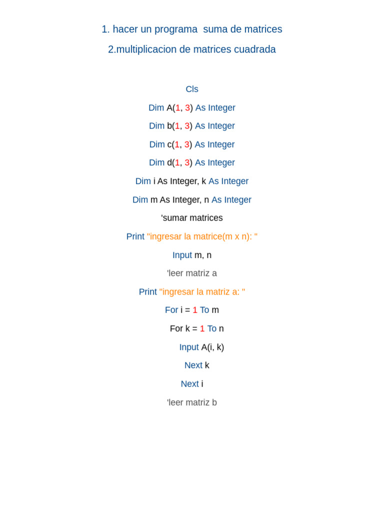 Hacer Un Programa Suma de Matrices 2.multiplicacion de Matrices Cuadrada | PDF
