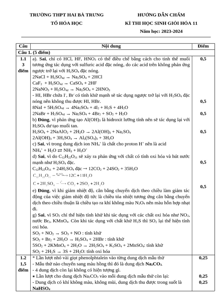 Hướng dẫn chấm hsg 11 2023 2024 | PDF