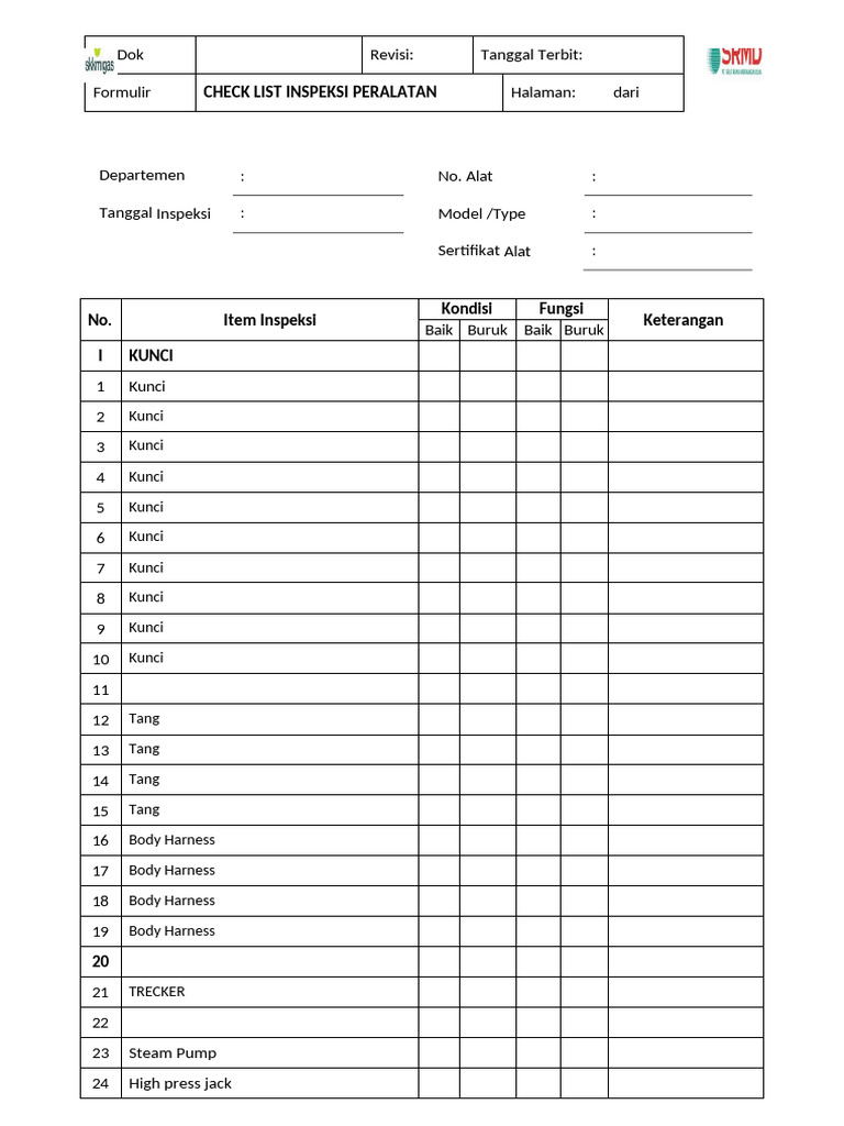 Form Check List Inspeksi Peralatan | PDF