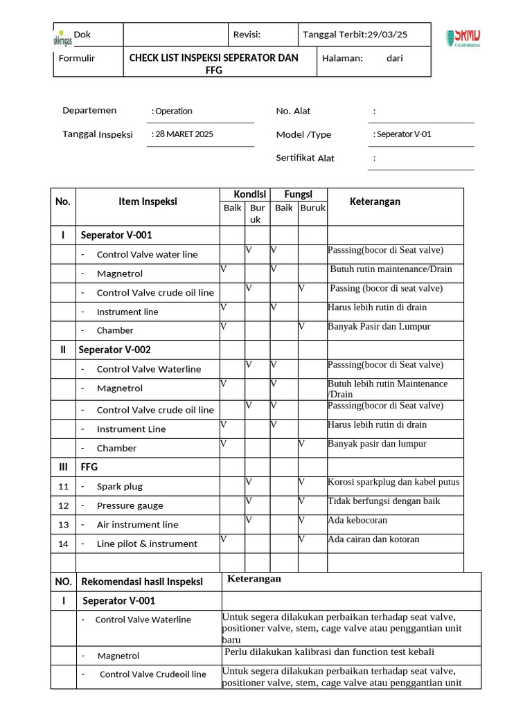 Checklist Inspeksi Seperator dan FFG | PDF