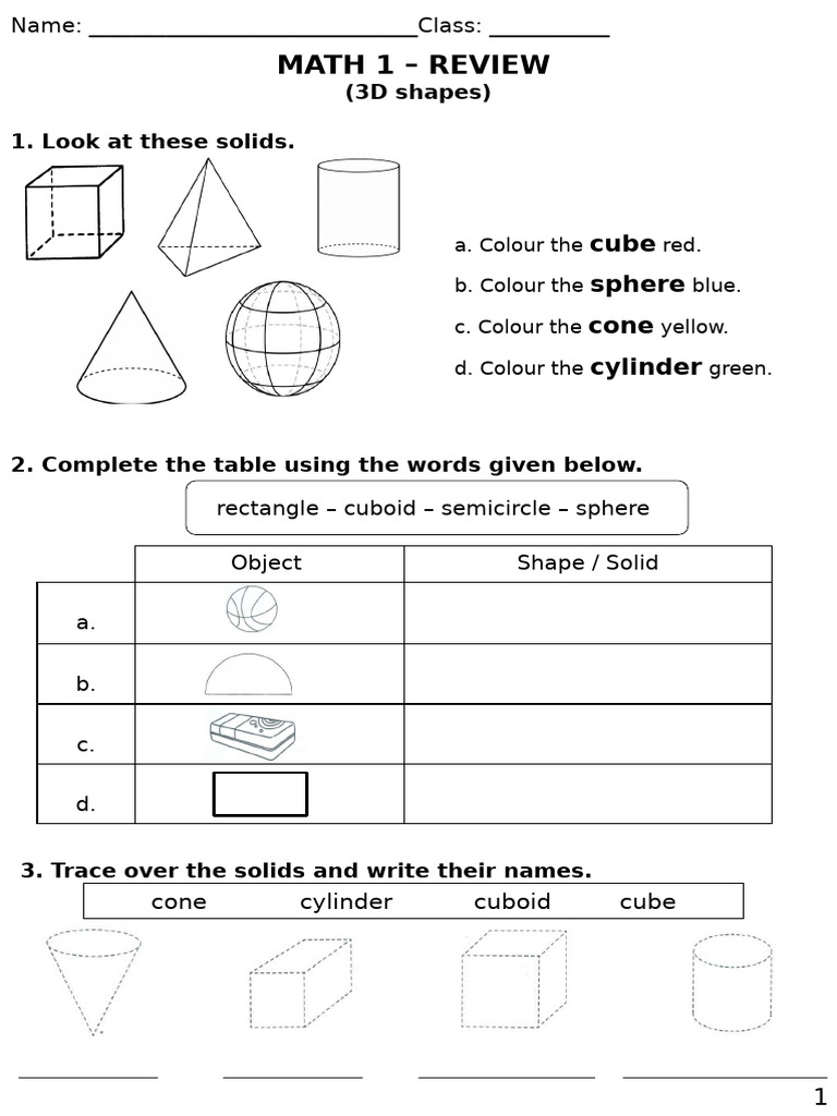Grade 1 - 3D Shapes WS - Review | PDF | Vertex (Geometry) | Shape
