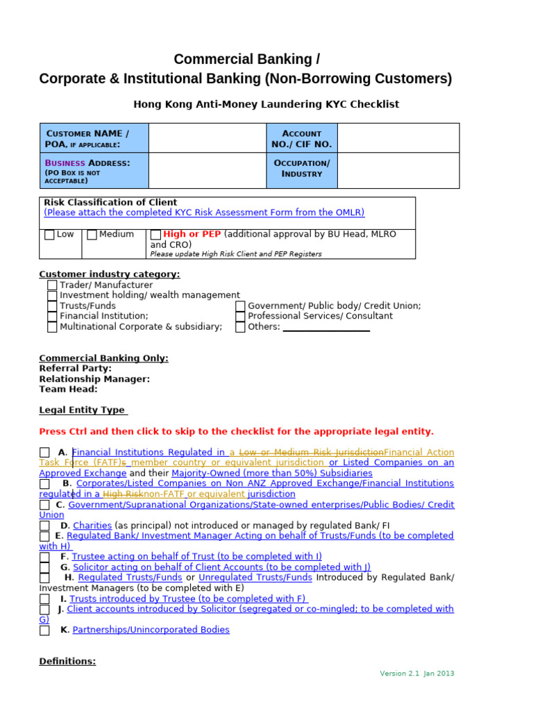 ANZ KYC Checklist for Commercial Banking | PDF | Identity Document ...
