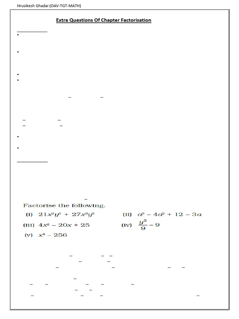 Extra Questions of Chapter FACTORISATION | PDF | Factorization | Polynomial