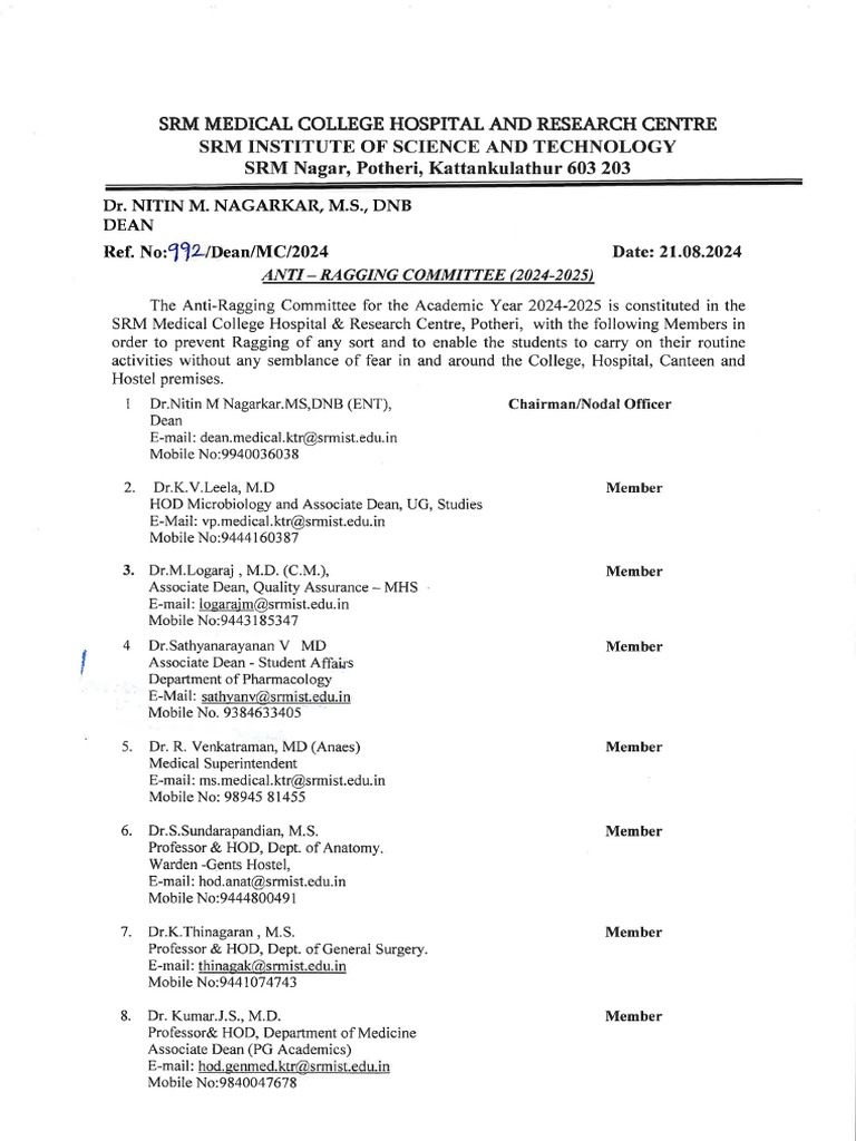 Medical Anti Ragging Committee 2024 25 | PDF